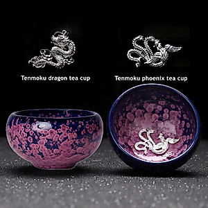 Dragon and Phoenix Tea Cups Set of 2, Handmade Jianzhan Tenmoku Tea Cup, Chinese Small Ceramic Kungfu Tea Cups (Purple)