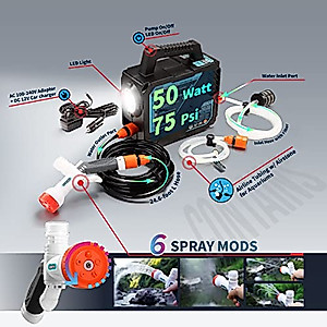 ZOOOBELIVES High Pressure Camping Shower with 50W/75psi Pump, Outdoor Camp Shower with Multi-use Sprayer and LED Light for Campsite Bathing Beach Yard Pet Car Cleanups, Portable and Rechargeable