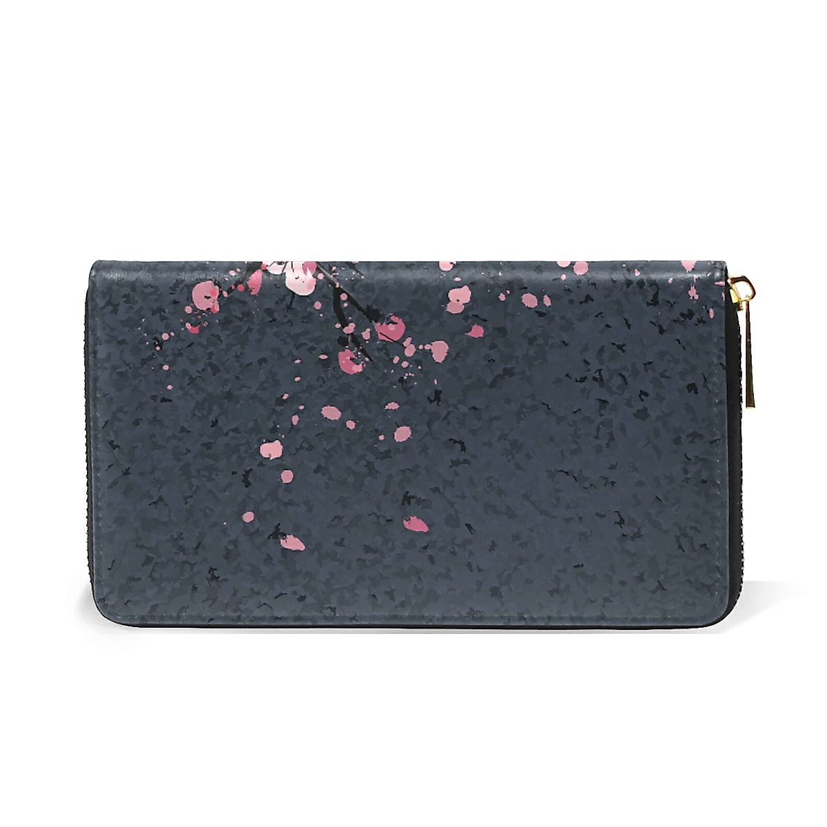 Cherry Blossom Black Leather Long Wallet Organizer with Zipper Purse Clutch Bag for Women Men