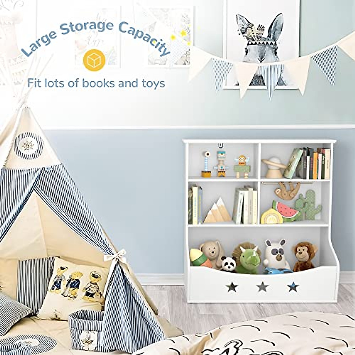 Curipeer Kids Bookshelf, 3-Shelf Storage Bookcase,Large Wooden Open Book Shelf with 5 Cube Units, Star Pattern Toy Organizer and Storage Cabinet for Playing Room, Nursery, Baby's Bedroom, White
