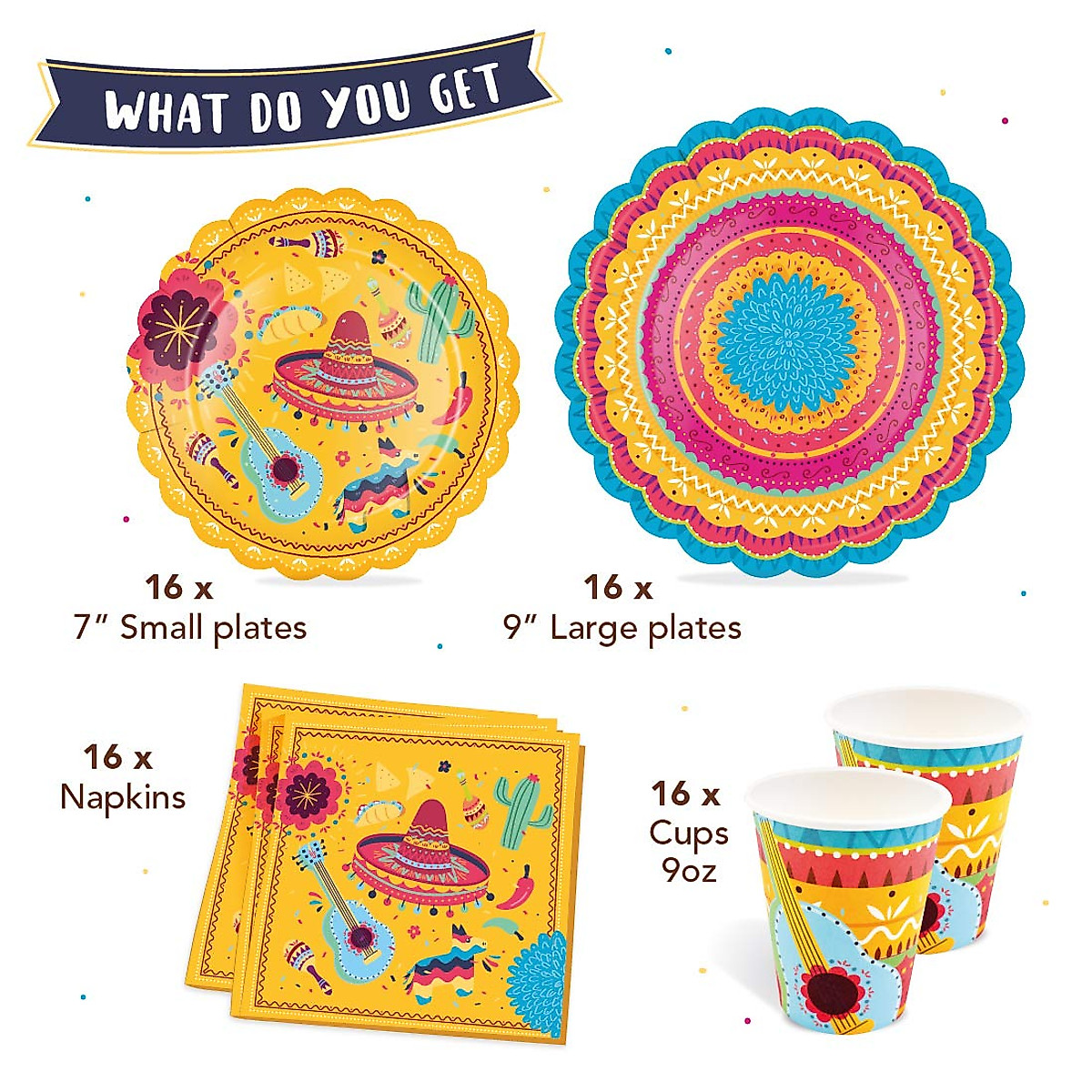 Mexican Fiesta Paper Plates Serves 16 Guests - Includes 16 Large Dinner Plates, 16 Dessert Plates, 16 Cups, and 16 Napkins | Perfect for Birthday, Taco Party, Cinco de Mayo and More