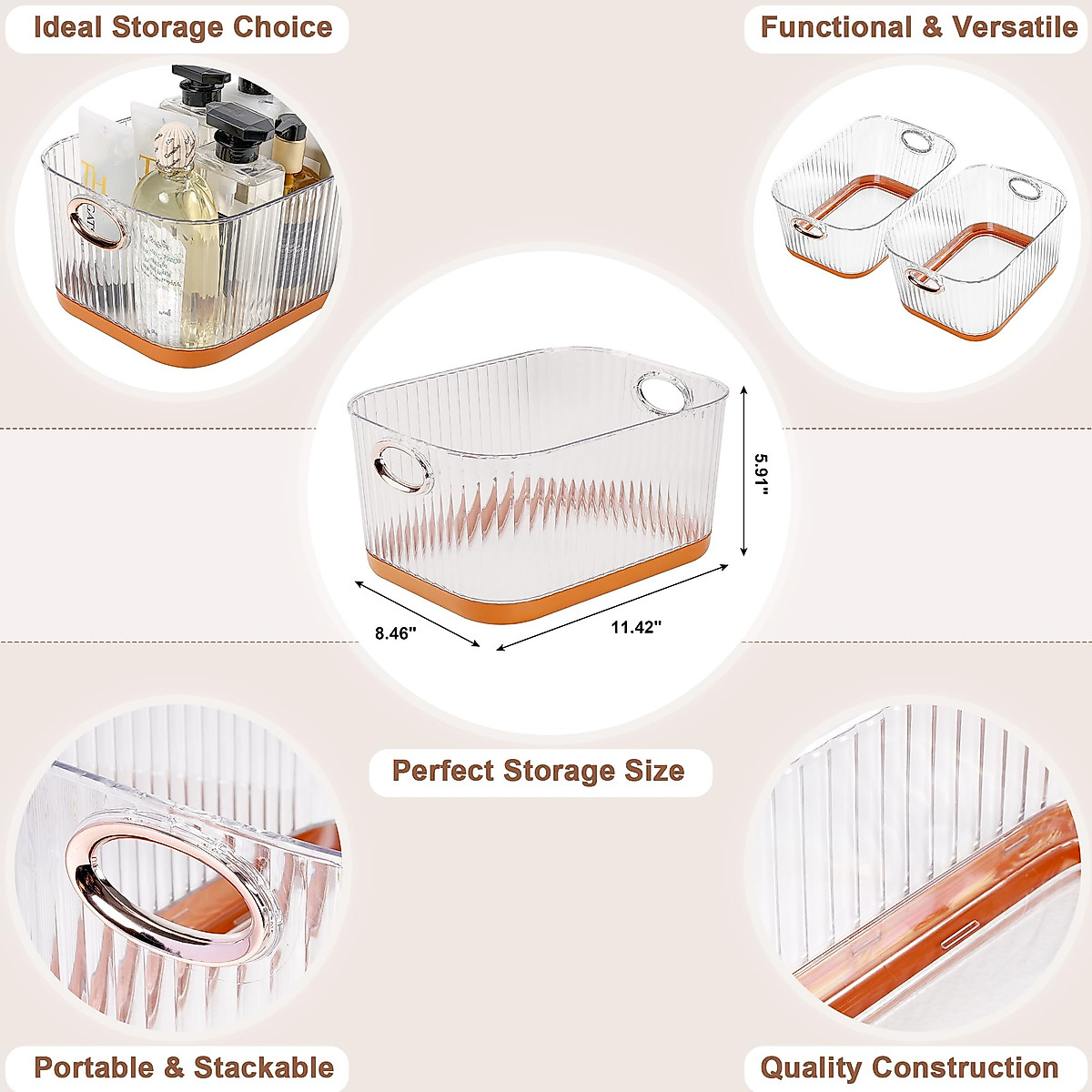 VECELO Refrigerator Organizers - Durable PET Storage Bins, Space Saving, Clear View, Contain Spill, Organizer for Kitchen, Laundry, Closet - Set of 2