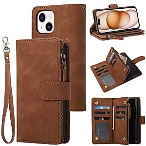 RANYOK Wallet Case for iPhone 15 (6.1 inch) with RFID Blocking Credit Card Holder, Premium PU Leather [Zipper Pocket] Flip Folio Case Wallet with Wrist Strap Kickstand Protective Case (Brown)