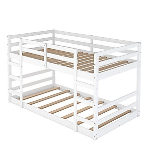 Prohon Twin Over Twin Bunk Bed for Kids Teens, Low Bunk Bed with Ladder and Guard Rail, Space Saving Bunkbed Solid Wood Slats Support No Box Spring Needed, Gray