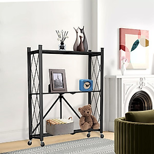 Yuanjimi 3 Tier Foldable Storage Shelf with Wheels, Heavy Duty Garage Shelving Unit Loads 550 LBS, Metal Steel Collapsible Shelves, Rolling Standing Utility Rack for Kitchen, Pantry, Office, Black