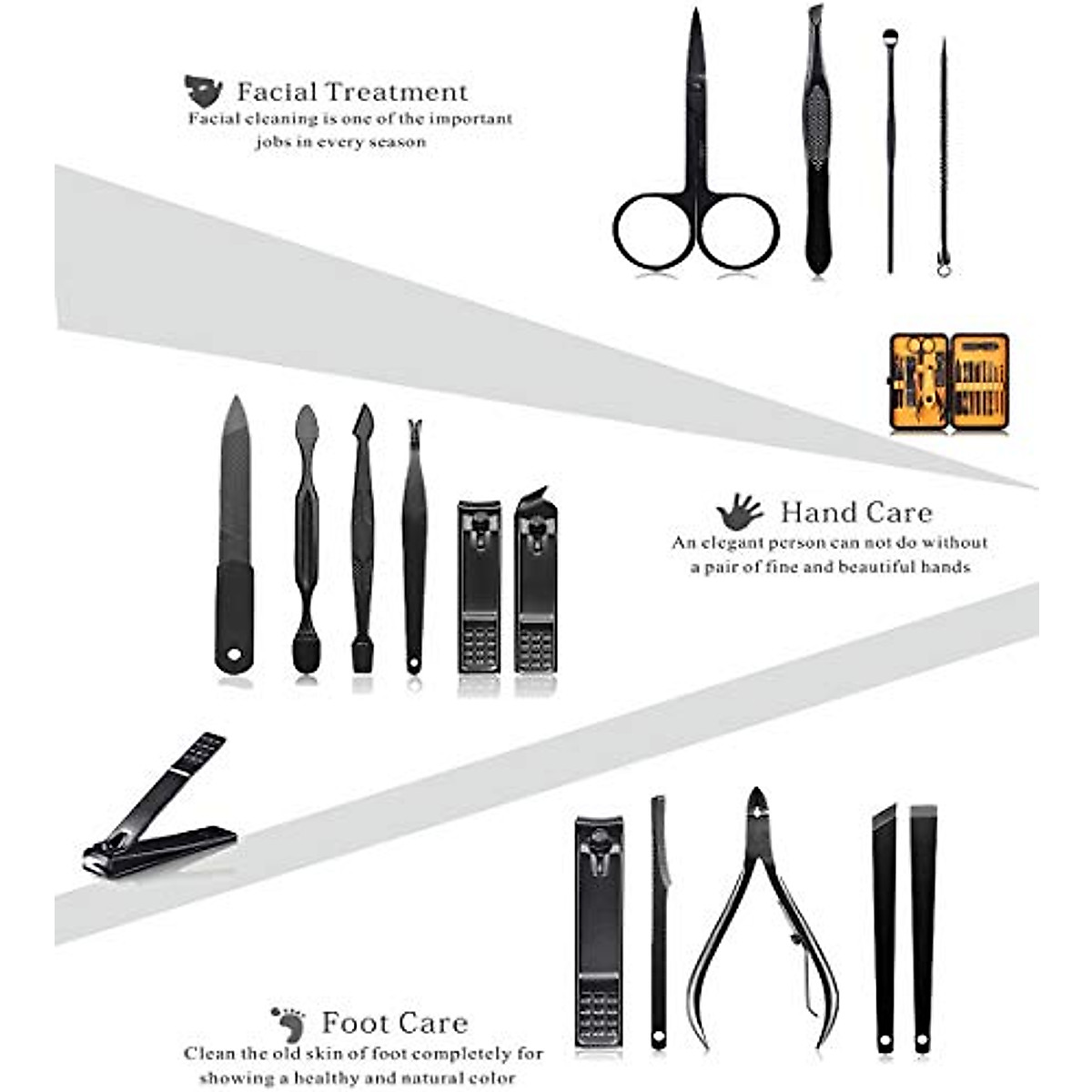 Keiby Citom Professional Stainless Steel Nail Clipper Travel & Grooming Kit Nail Tools Manicure & Pedicure Set of 15pcs with Luxurious Case (Black/Yellow)