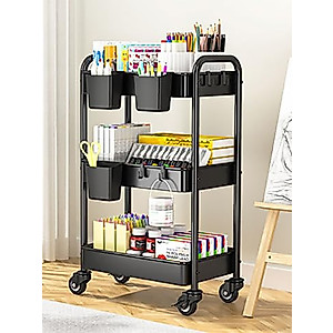 3 Tier Rolling Cart, YASONIC Metal Utility Cart, 66 Pounds Capacity, Mesh Storage Organizer Cart with Lockable Wheels & 3 Hanging Cups & 4Hooks, Easy Assembly, for Kitchen, Bathroom, Laundry, Grocery
