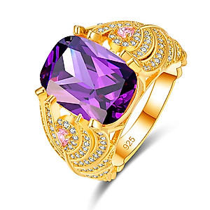 Narica Women's Yellow Gold Plated Cushion Cut Created Amethyst Rings Band CZ Filled for Mom 9#