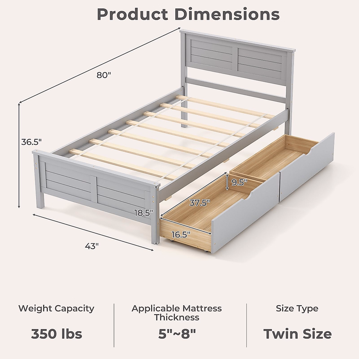 Giantex Wood Twin Bed with 2 Storage Drawers, Solid Wood Platform Bed with Headboard, Wooden Slats Support Mattress Foundation, No Spring Needed, Twin Bed Frame for Kids, Teens, Adults, Grey