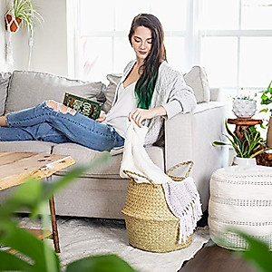 Seagrass Belly Basket with Handles – 12.6"x11" - 100% Hand Woven from Sustainably Grown Seaweed – Decorative Basket for Living Room and Bedroom and for Storage of Blankets, Laundry and Toys