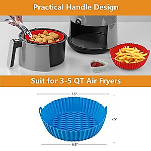 KLRSEN 3 Pcs Easy to Clean Air Fryer Silicone Liners Fit 3 To 5 Qt Airfryer,7.5 Inch Reusable Silicone Air Fryer Liners, Heat Resistant Air Fryer Liners (Red+Pink+Blue)