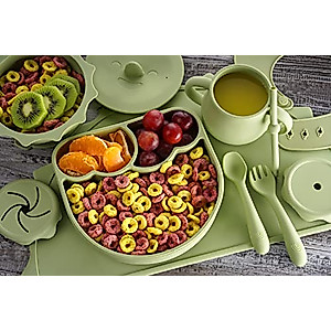 Baby Pastels - Baby Feeding Set - Baby Led Weaning Supplies - Silicone Suction Utensils/Cutlery/Dishes/Dinnerware for 6-36 months - Bowl, Plate, Spoon Fork, Bib, Placemat, Cup 11 Pieces (Pastel Green)