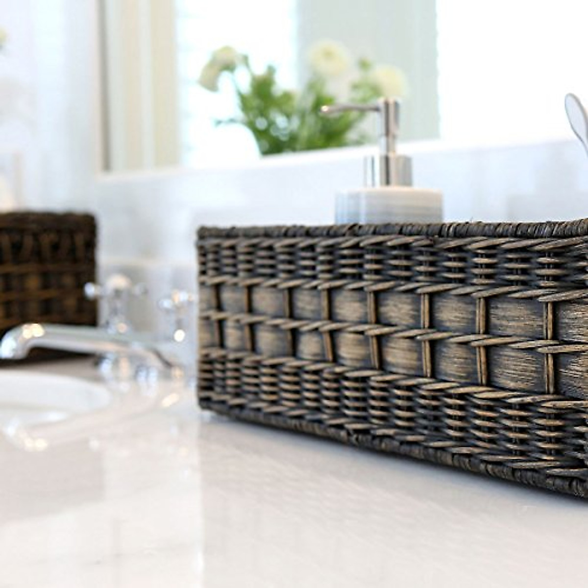 The Basket Lady Wicker Toilet Tank Basket, 16 in L x 6 in W x 5 in H, Antique Walnut Brown