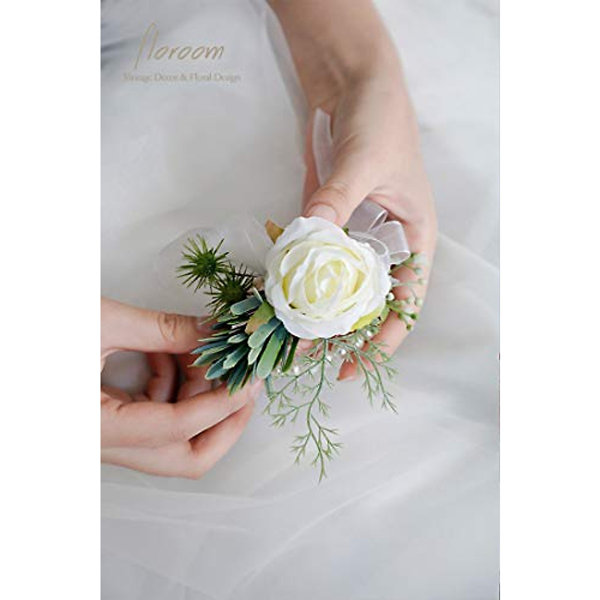 Floroom Ivory Rose Wrist Corsage Wristlet Band Bracelet and Men Boutonniere Set for White Wedding Flower Accessories Prom Suit Decorations