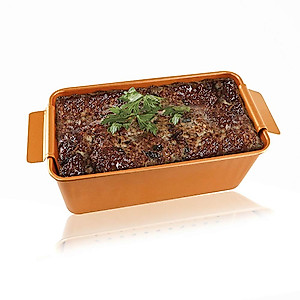 Non-Stick Meatloaf Pan 2-Piece Healthy Meatloaf Set Copper Coating With Removable Tray Drains, Oven and Dishwasher Safe (COPPER MEATLOAF PAN)