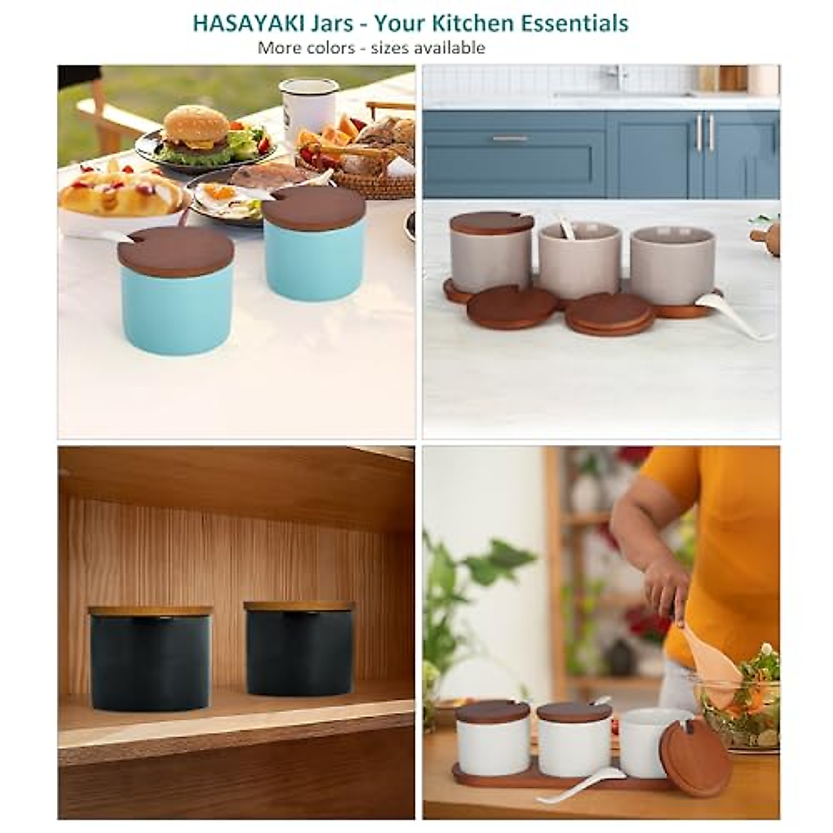 HASAYAKI Storage Jars, Set of 4 Ceramic Canisters 7 oz (220 ml) x4 for Coffee Tea Sugar Cereal Flour and Spice with Airtight Bamboo Lids, 9C50CWx4_white