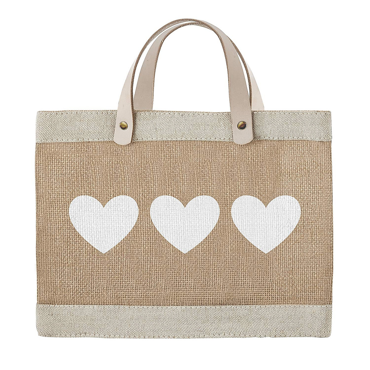 Santa Barbara Design Studio Farmers Market Tote with Three White Hearts, Reusable Burlap Grocery Bag with Leather Handle, Purse for Beach or Picnics, Food Lovers Gift Idea, 12.5 x 9.5 Inches