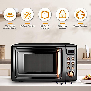 Retro Microwave Oven,Safeplus 0.7Cu.ft, Countertop 700W Microwaves with Cold Rolled Steel Plate 5 Micro Power Defrost & Auto Cooking Function LED Display Glass Turntable and Viewing Window Child Lock