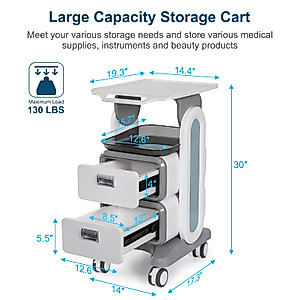 Mobile Medical Trolley Cart 130 Lbs Load Portable Professional Cart for Ultrasound Imaging Scanner Vehicle Beauty Storage Cart with Drawers Tool Tray Wheels for Home Hospital Office Medical Clinic