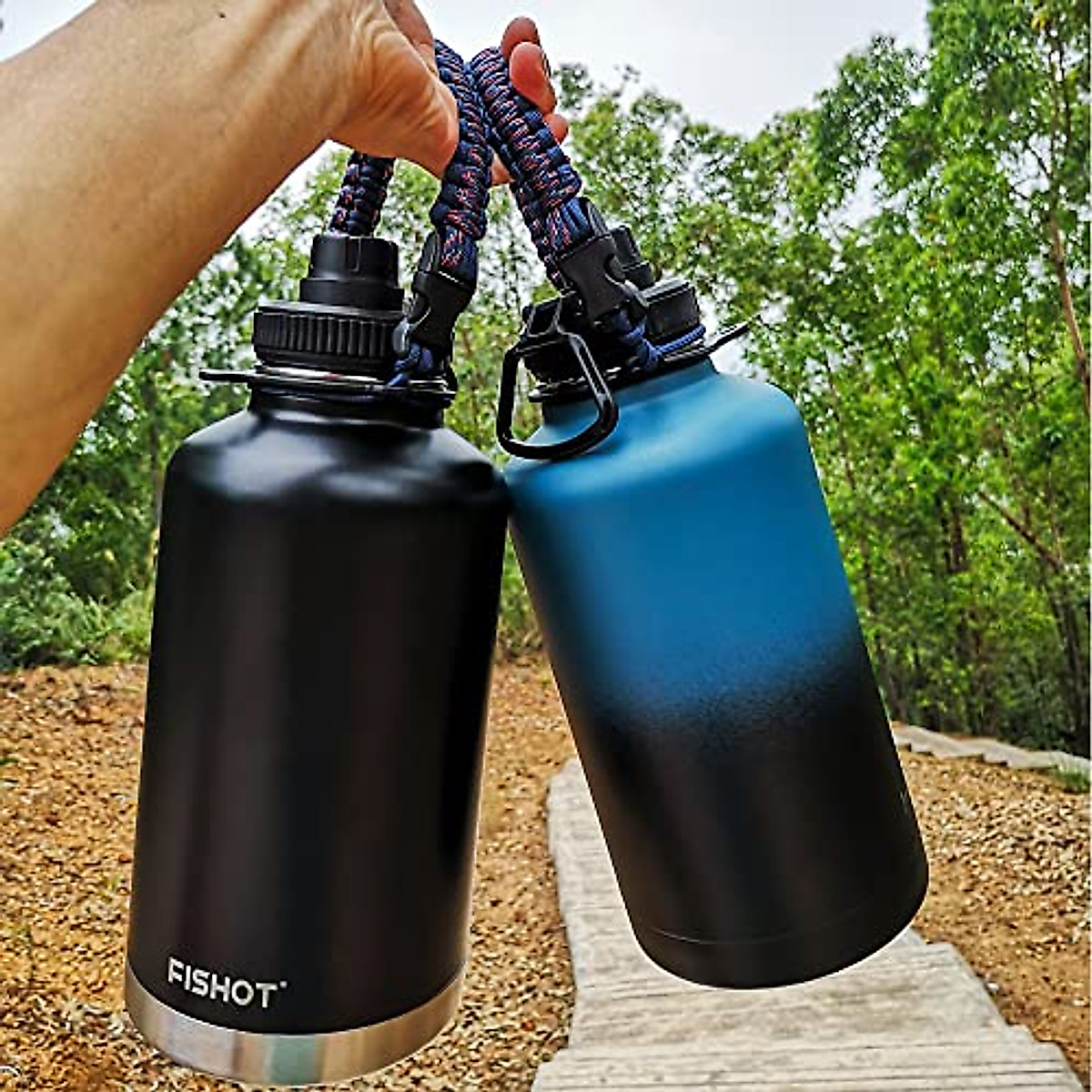 Fishot 64 oz Insulated Water Bottle bundled with 32 oz Stainless Steel Water Bottle