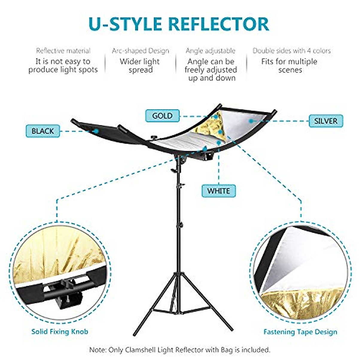 Neewer Clamshell Light Reflector Diffuser with Carrying Bag, 39”×18”/100x45cm Photography Curved Lighting Reflector for Photo Studio Photography, Black/White/Gold/Silver Colors (Stand Not Included)