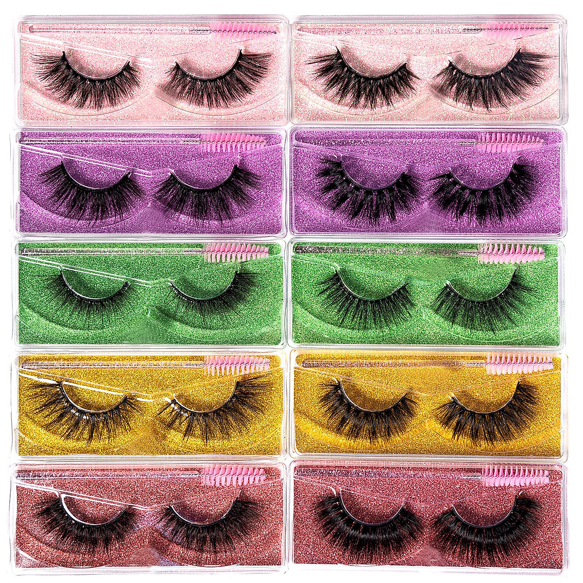 False Eyelashes Wispy 13 to15mm 3D Fluffy Eyelashes Wholesale - Pack 10 Pairs 10 Styles Mink Lashes Bulk -Lightweight Reusable Fake Mink Eyelashes -Natural Look Faux Lashes with Glitter Portable Box