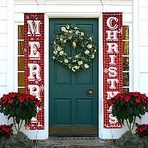 O-Heart Merry Christmas Banner Holiday Xmas Porch Banner Buffalo Plaid Sign Hanging Christmas Decoration Indoor Outdoor for Home Wall Front Door Apartment Party Mantle, Fireplace, Window Wall