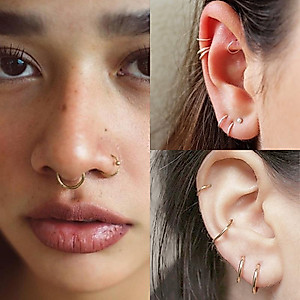 20G 18G 16G Titanium Nose Ring Hoop, Cartilage Hoop Earrings for Women Men Silver Gold Nose Ring Septum Ring Tragus Conch Helix Daith Lip Piercing Jewelry 6mm/7mm/8mm/9mm/10mm (Gold-20g, 7mm)