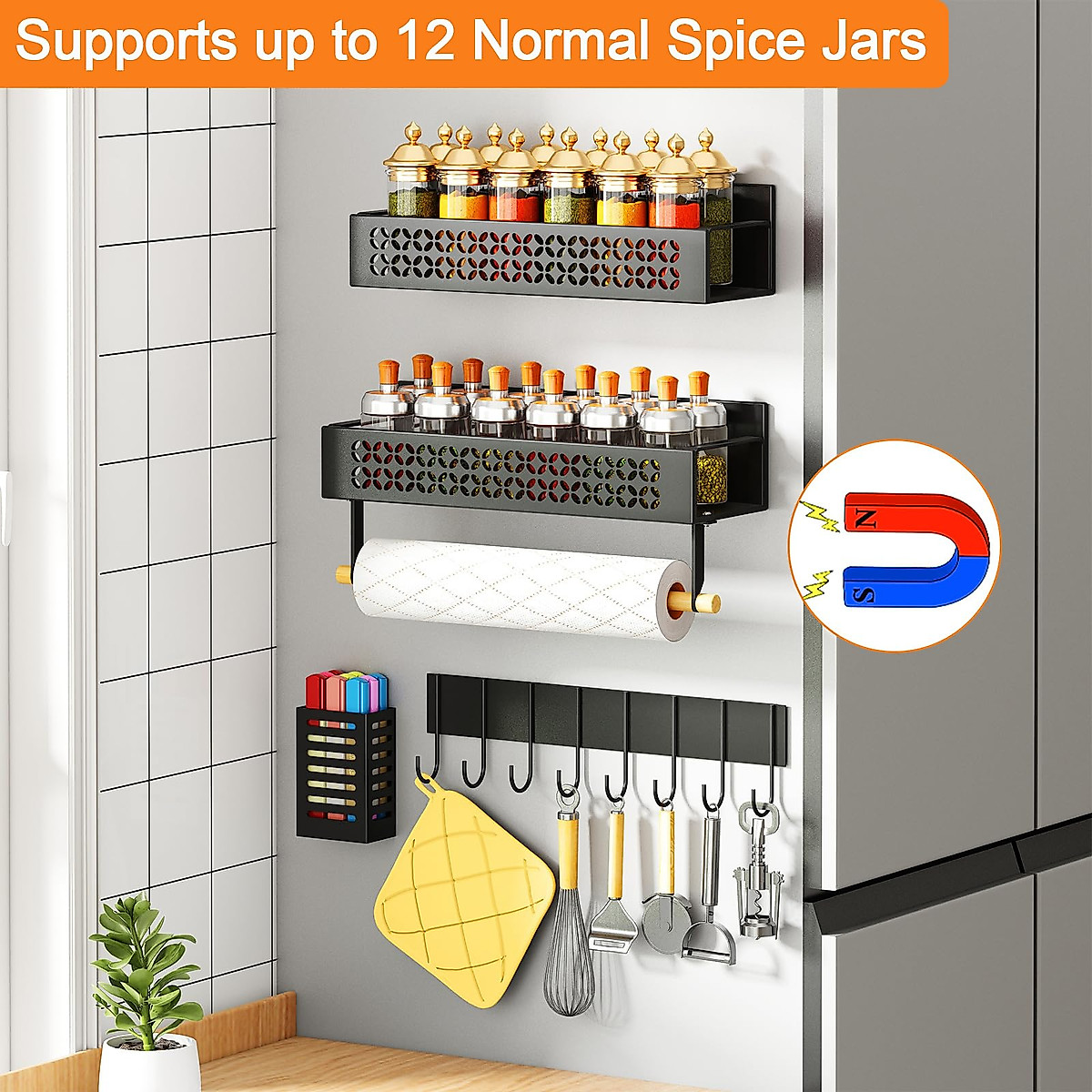 Magnetic Spice Rack for Refrigerator with Paper Towel Holder, 5 Pack Magnetic Shelf Fridge Spice Rack Organizer shelves, Moveable Metal Magnet Utensil Holder and 8-Hook Rack for Kitchen, Black