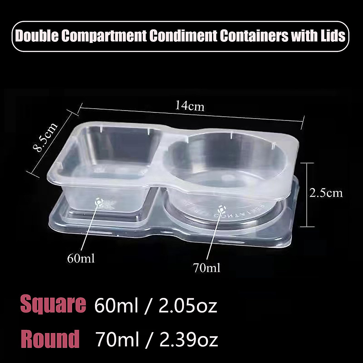 Double Condiment Containers with Lids, Double Compartment Condiment Container, 2 Compartment Snack Containers, Double Compartment Snack Containers for to-go Sauce, Sampling, Travel Snack (5 Pc)