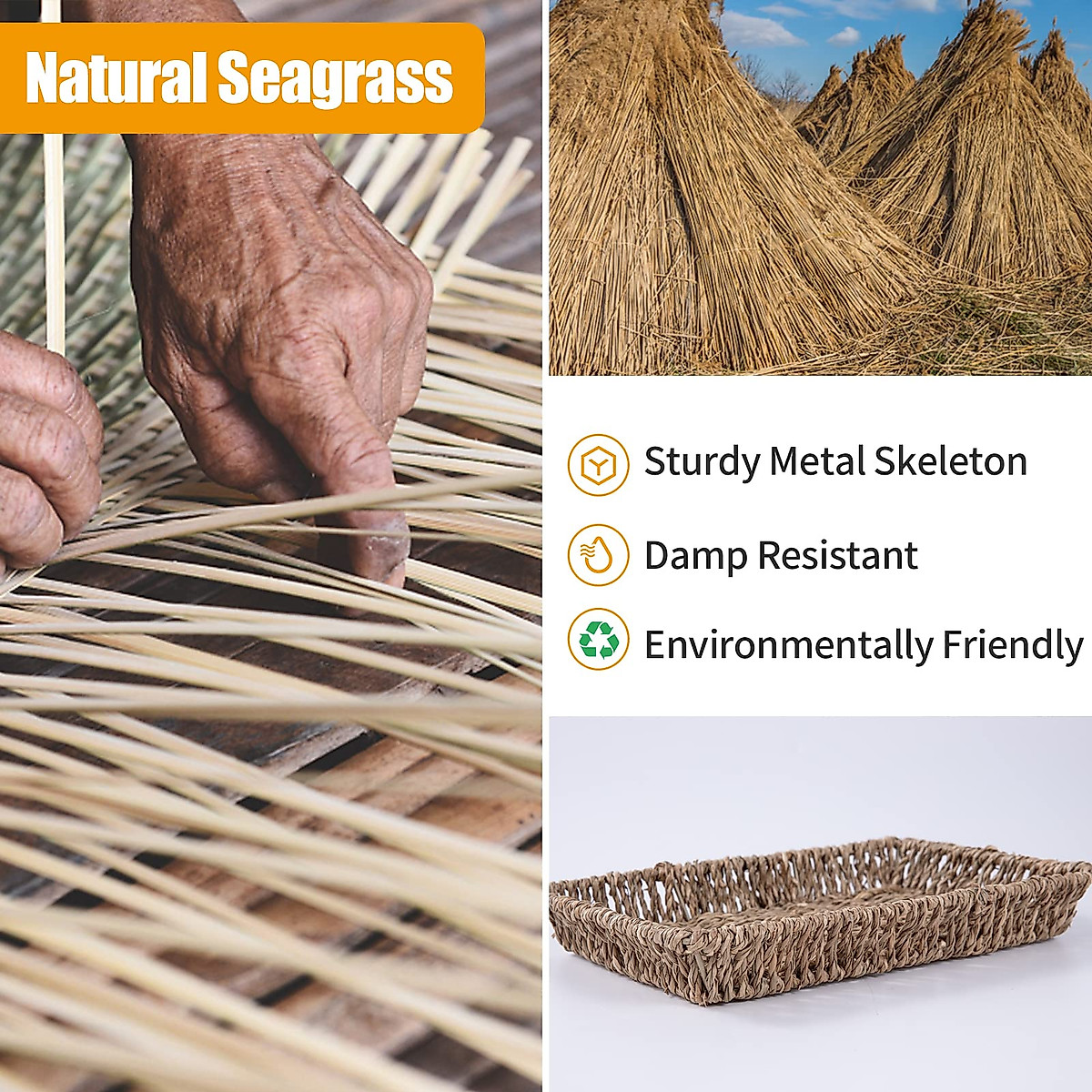 Boho Drink Coasters & Seagrass Basket Holder Set, 6 Styles 12 Pcs Handmade Braided Absorbent Coasters for Drinks, Hand Woven Seagrass Wicker Basket, Heat-resistant Woven Coasters for Table Home Decor