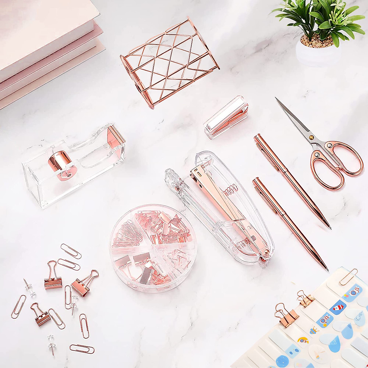 Famassi Rose Gold Desk Accessories，Office Supplies Set Acrylic Stapler Set Staple Remover, Tape Holder, Pen Holder, 2 Ballpoint Pen, Scissor, Binder Clips, Paper Clips and 1000pcs Staples.