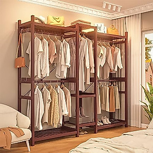 Homykic Bamboo Closet System, Large Clothing Rack Garment Rack for Hanging Clothes, Freestanding Clothes Rack with Shelves and 5 Rods, Stable Open Wardrobe Organizer with 4 Hooks, 70”Wx77”H, Espresso