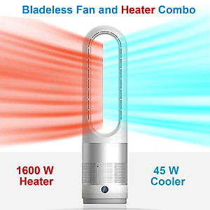 Voagupa Bladeless Heater and Fan Combo, All the Season, 80° Oscillating with Remote and Touch Control, 8H Timer, 24 Inch, Floor Fan for Indoor Use, Large Room, Silver White