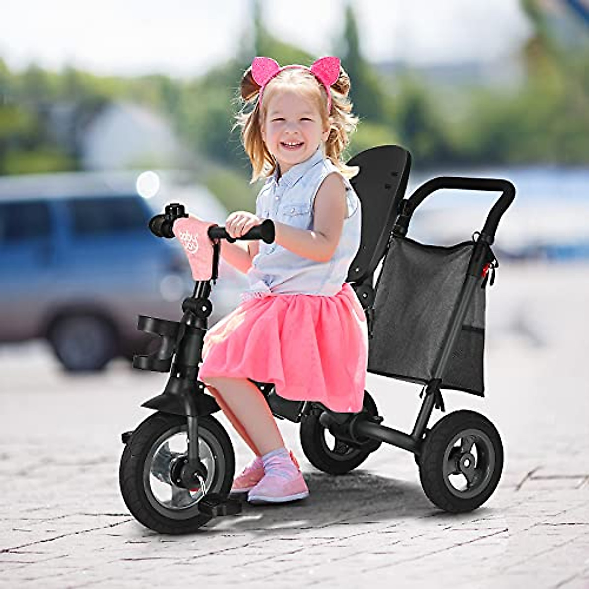 BABY JOY Toddler Tricycle, 7 in 1 Folding Steer Trike w/Rotatable Seat, Adjustable Canopy, Push Handle, Guardrail, Safety Harness, Brakes, Cup Holder & Storage, Tricycle for Toddlers Ages 1.5-5 (Pink)