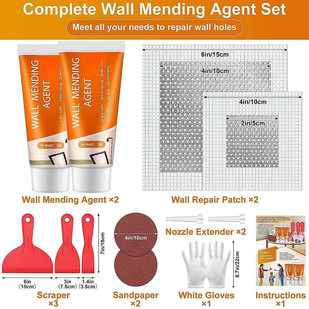 Mckanti 2 Pcs Drywall Repair Kit, Spackle Plaster Wall Repair kit Drywall Hole Patch Kit with Wall Mending Agent, Scrapers, Large Hole Drywall Patch, Sandpaper and Gloves for Wall Surface Crack Fill