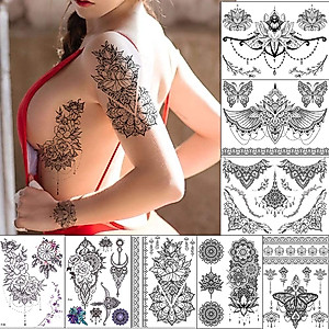 Glaryyears Black Lace Temporary Tattoo for Women Girls, 60+ Patterns 8 Pack Fake Mandara Flowers Tattoos Stickers, Sexy on Body Underboob Arm Chest Shoulder Thigh Abdomen Waist for Beach Party