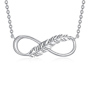 PDTJMTG Infinity Feather Necklace 925 Sterling Silver Necklace for Women, 18”+2”