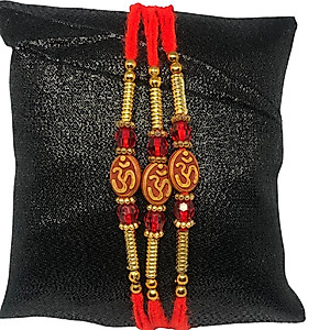 ZYRENA Set of 3 OM Rakhi for Brother Bhaiya Bhabhi, Gift Rakhi for Family, Raksha Bandhan Festival Rakhi for Bhaiya and Bhabhi, Oval Om Pendant with Rudraksha and Golden Beads Rakhi Thread