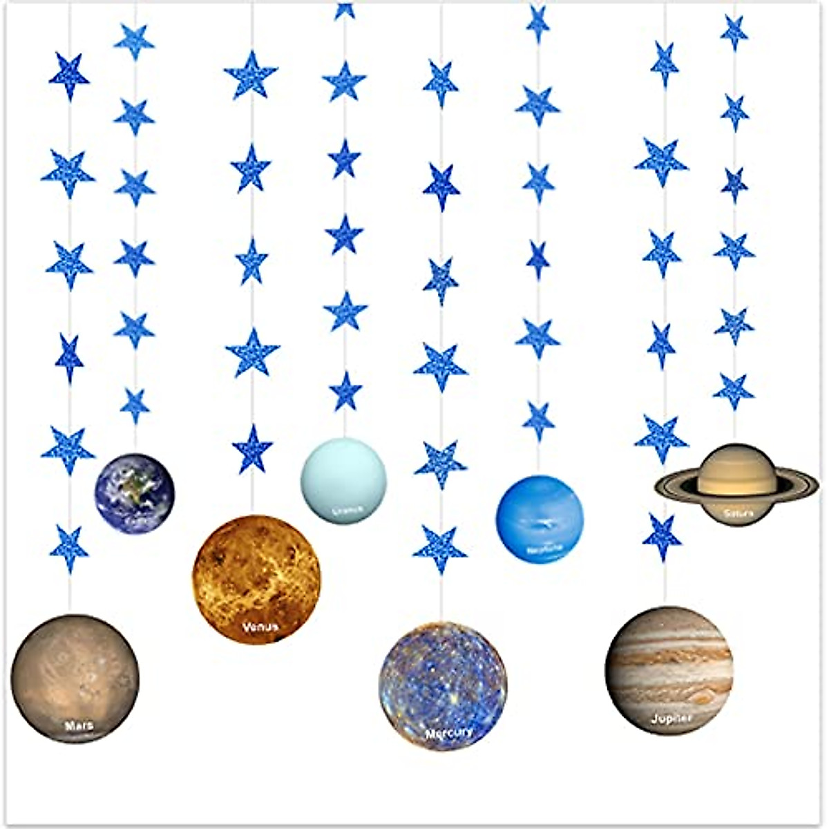 Galaxy Solar System Hanging Paper Decoration (8 Strings X 4.3ft), Outer Space Paper Garland Flower Party Streamers, Plant with Blue Star Hanging for Kids Bedroom Decor，Birthday PartySupplies