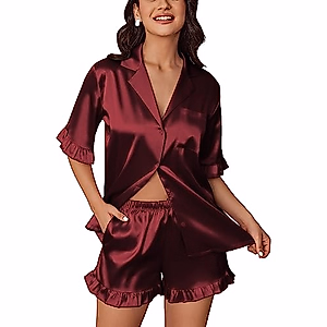 Ekouaer Plus Size Silk Pjs Women's Soft Satin Pajama Set Summer Short Nightwear Bridesmaid Pajamas Wine Red,XXL