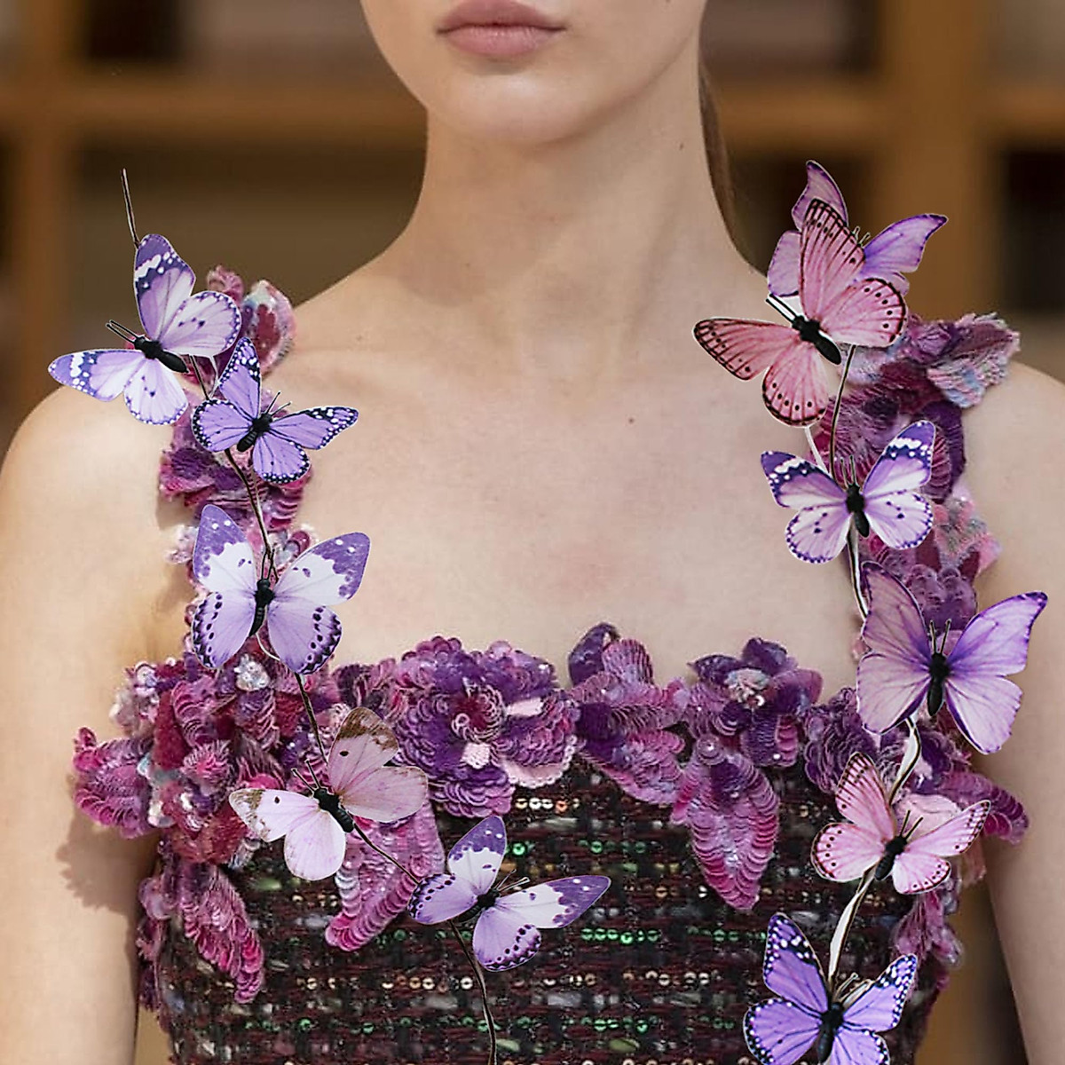 Artificial Butterfly Garland, Fake Butterfly Decorative Vines, DIY 3D Unique Butterfly Hanging Decor for Home Wall Easter Spring Flowers Party Wedding Arch Shopping (Light Purple)