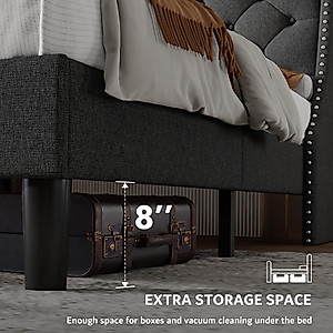 iPormis Queen Bed Frame with 16" Comfort Wingback & Charging Station, Upholstered Platform Bed with Button Tufted Storage Headboard, Solid Wood Slats Support, No Box Spring Needed, Dark Grey