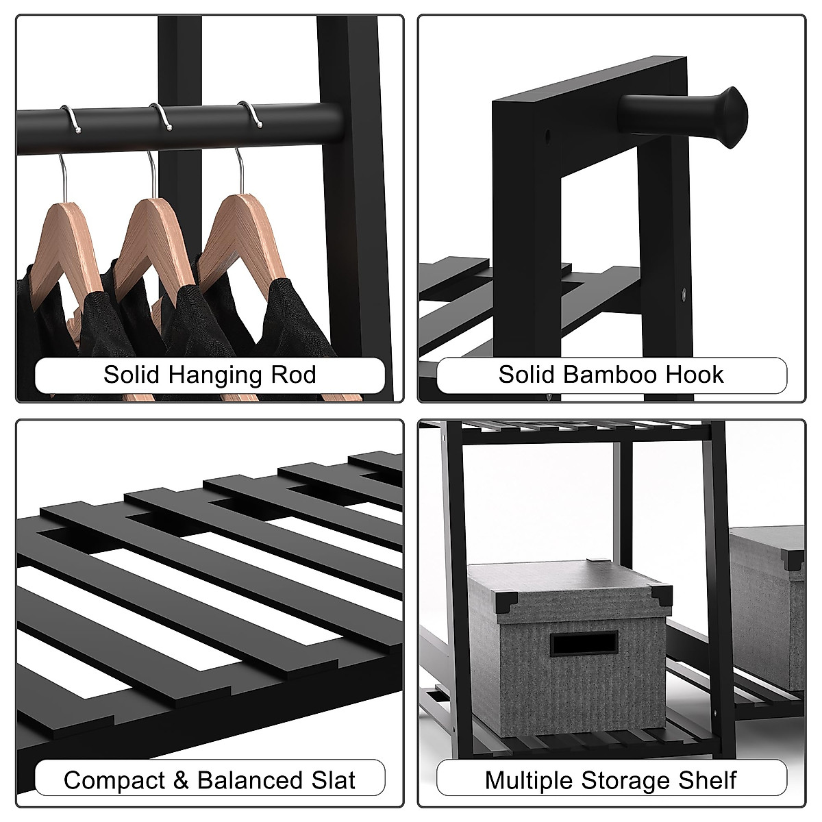 WTZ Clothes Rack for Hanging Clothes, Bamboo Garment Rack Heavy Duty Clothing Rack with Shelves for Living Room, Bedroom, Entryway, Bathroom (CR-538 White)
