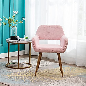 Faux Fur Chair for Bedroom Mid Century Modern Desk Living Room Chairs with Armrest, Sherpa Accent Dining Chair, Comfy Armchair with Metal Legs, Home Girls Vanity Makeup Study Office Desk Chair (Pink)