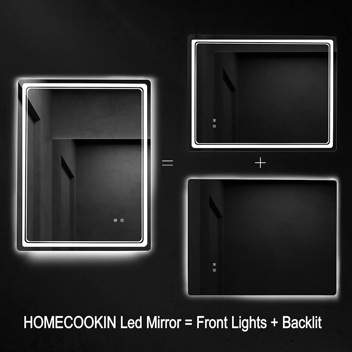 HOMECOOKIN Wall Mount 20x28 inches LED Mirror, Bathroom, Rectangular, Aluminum, Modern, Anti-Fog, Adjustable 3 Colors, Backlit