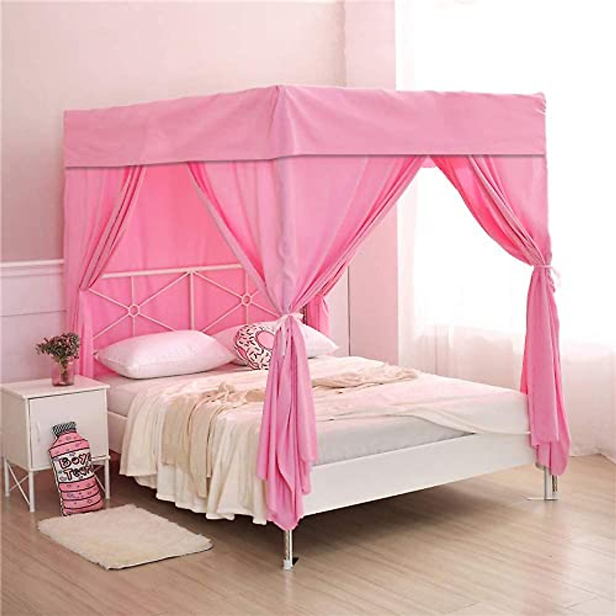 Mengersi Solid Four Corner Post Bed Curtain Canopy Princess Sheer Cover for Girls Boys Kids (Twin, Pink)