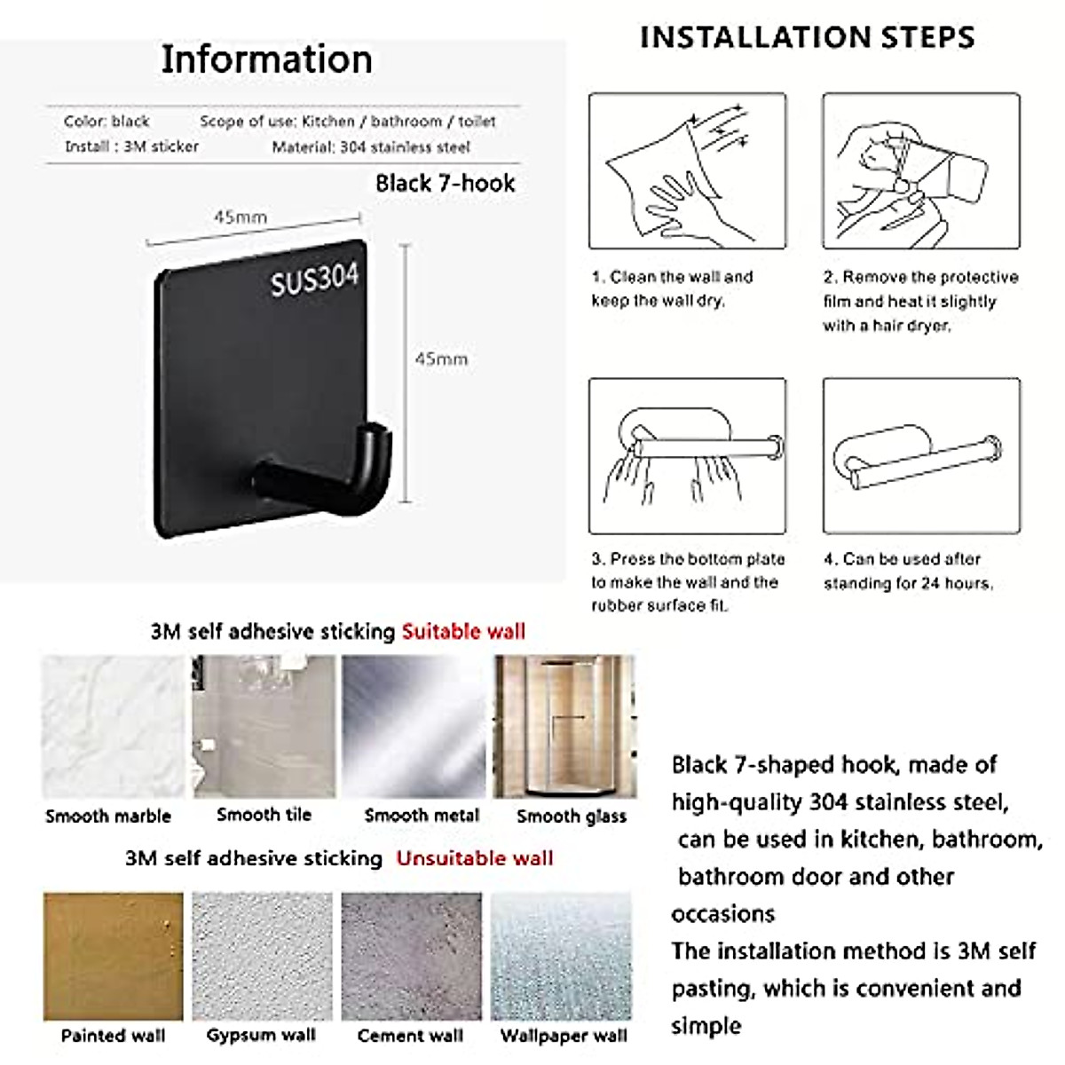 HEFFY Kitchen Storage Rotary Hook Rotatable Utensils Hooks Aluminum Small Utensil Holder Cooking Tool Hanger Bathroom Toilet RV Campers Easy to Install with 8 Removable Black