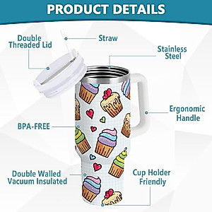 ARGTILDN 30 oz Tumbler Cupcakes Cakes Hearts Insulated Travel Mug with Handle and Straw Lid Stainless Steel Vacuum Coffee Cup Tea Beverage Container Water Bottles for Car Sports office