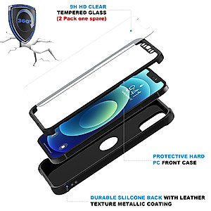 iPhone 12 Mini Case, ORETech Heavy Duty Shockproof Cover with 2 Tempered Glass Screen Protectors - 5.4" Black